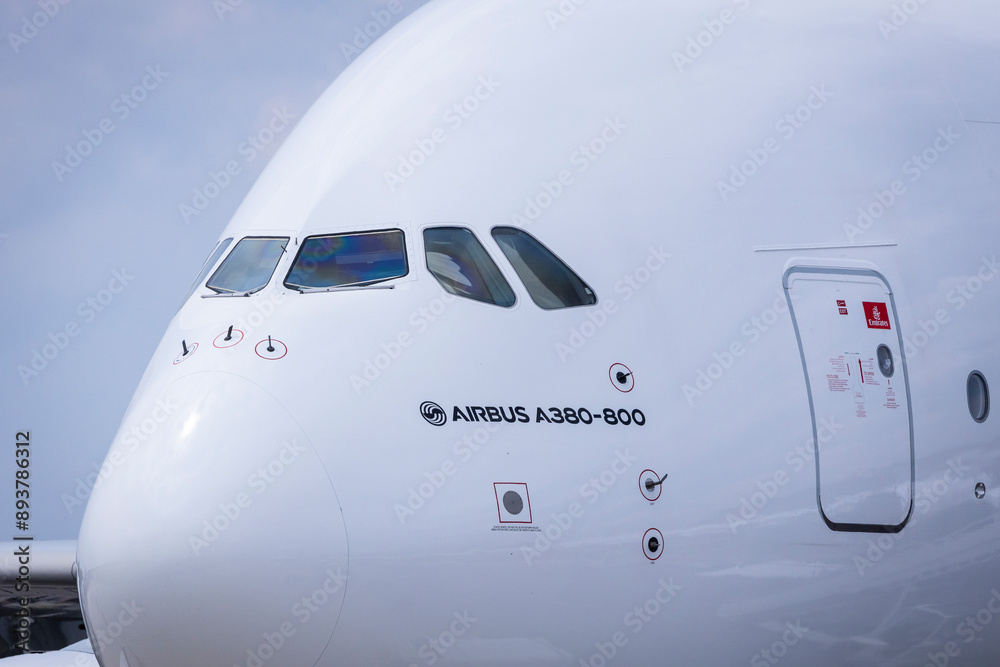 Berlin, Germany - June 6 2024: Airbus A380 widebody airliner. Closeup ...
