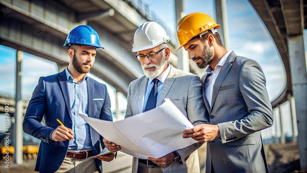 Man wearing hard hat reviewing blueprint, Professional civil engineer ...