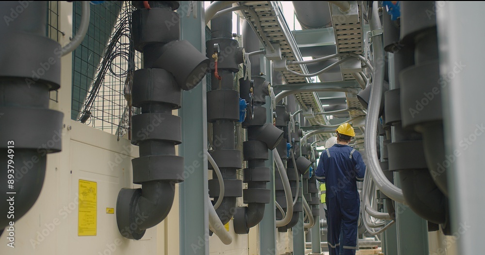Civil engineer manager and foreman worker checking industry cooling air ...