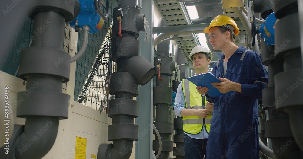Civil engineer manager and foreman worker checking industry cooling air ...