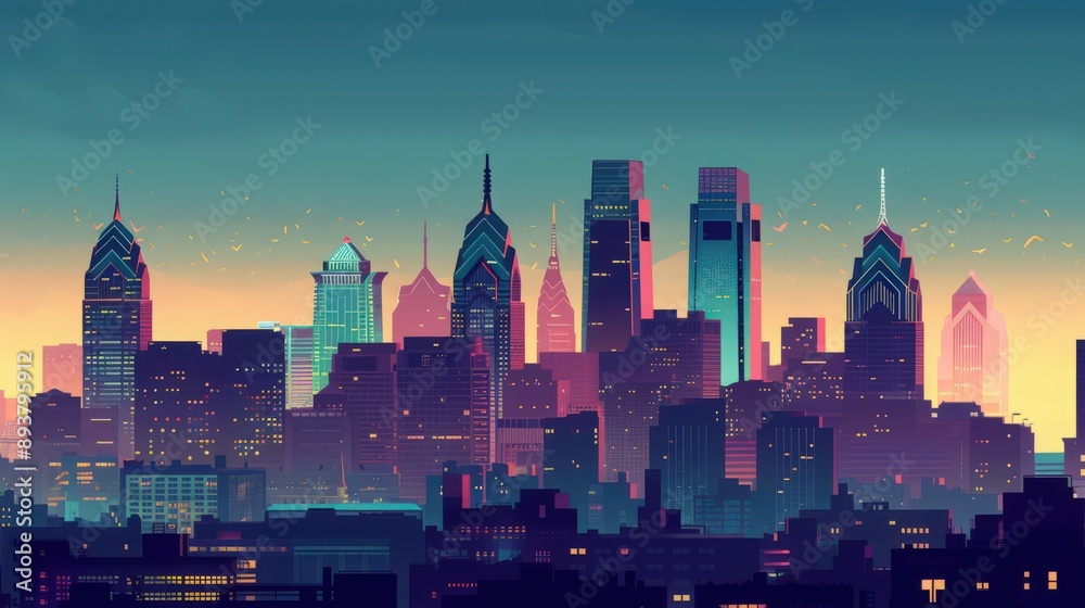 ภาพประกอบสต็อก Illustrate the Philadelphia skyline at dawn, as the ...