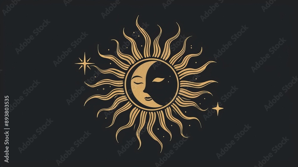 Golden Sun with Moon Face, Black Background, Line Art, Celestial, Sun ...
