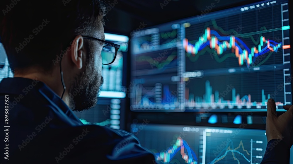 A male trader at work on a computer with a multi-monitor workstation with various charts and ...