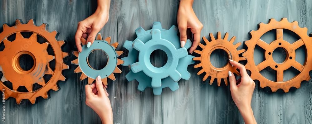 Human's hands connecting cog wheels on the table indoors. Concept of ...