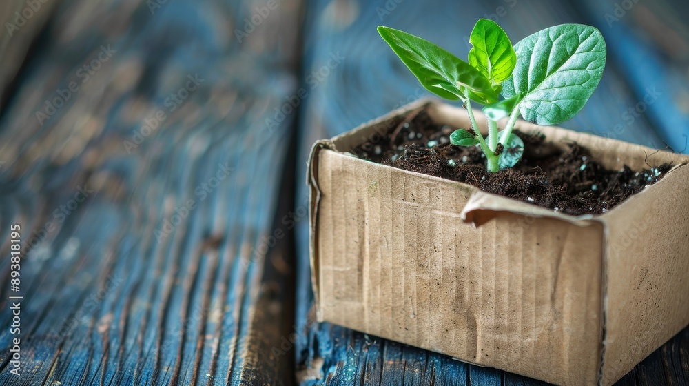 New Beginnings in Nature - A small plant growing in a cardboard box ...