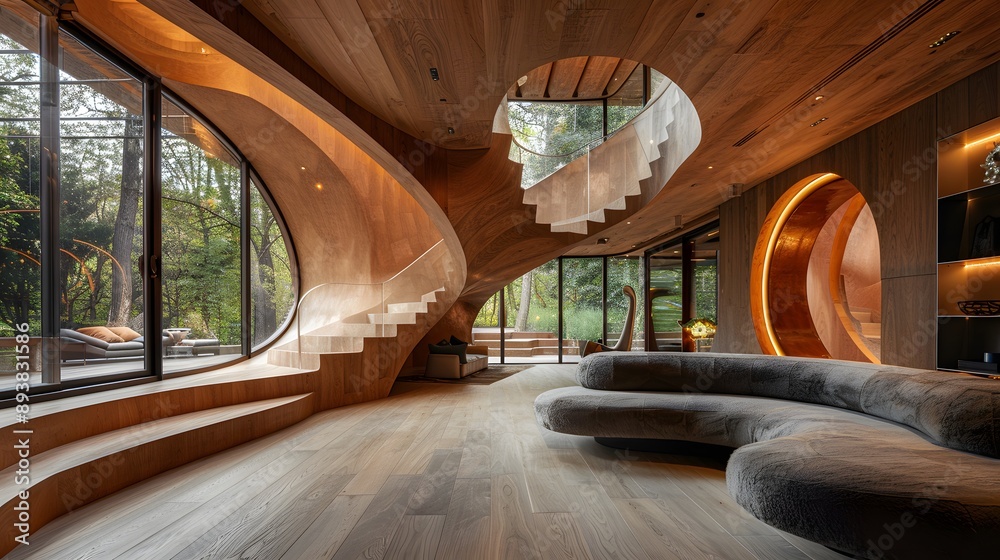 This image showcases a modern, elegant interior with a unique spiral staircase and organic wood ...