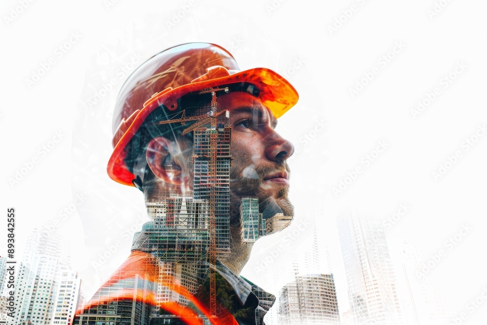 double exposure, Portrait of a construction worker man with safety ...