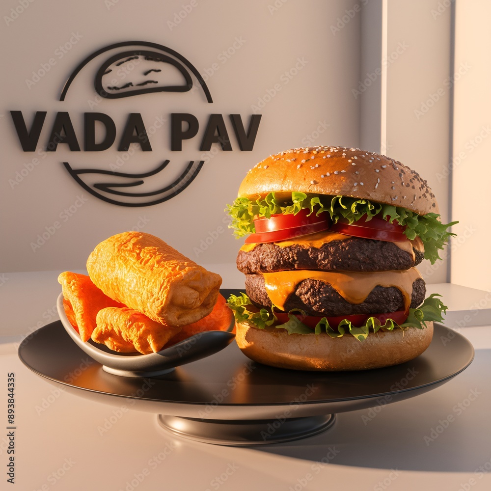 High resolution 3d illustration of a mouth-watering burger and Vada Pav ...