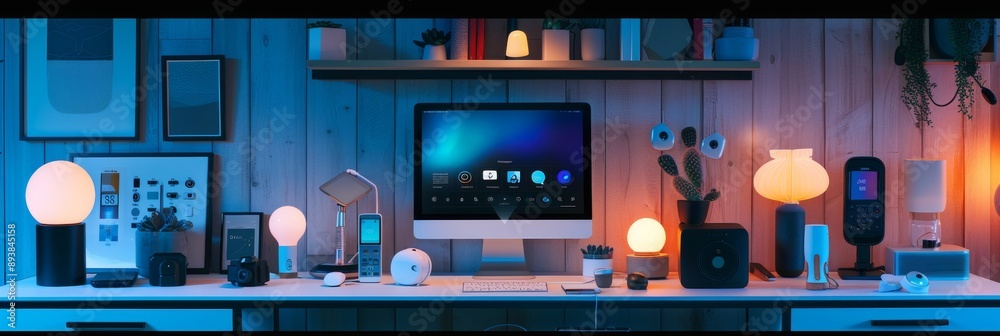A modern office workspace with a variety of connected devices ...