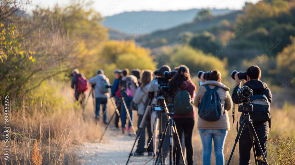 Students taking photographs of wildlife and landscapes, with cameras ...