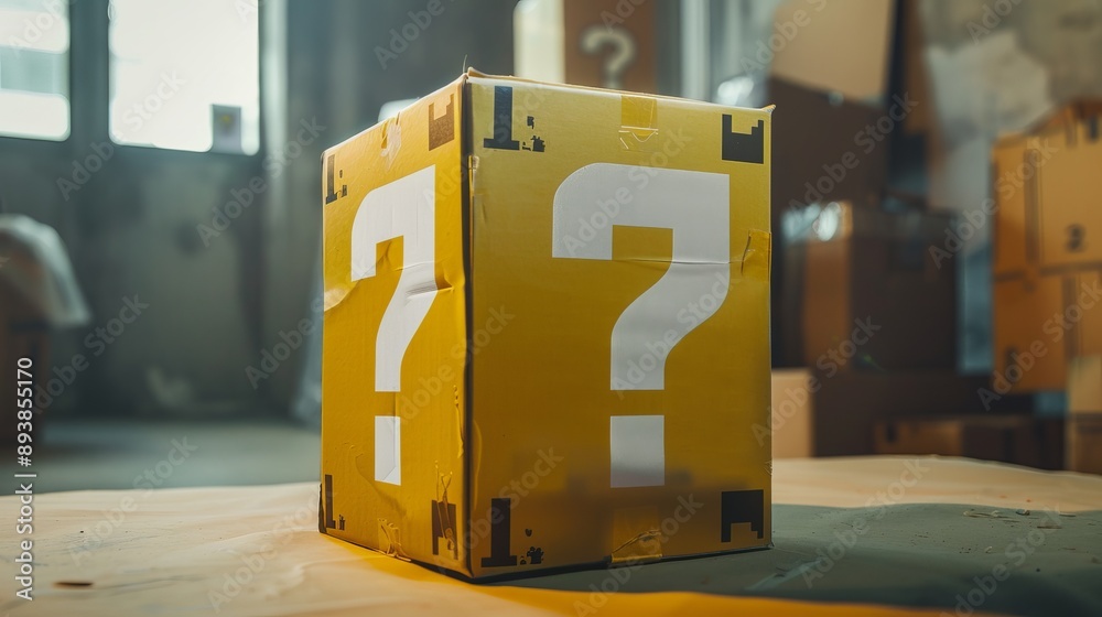 An indoor still-life photo of a small yellow box with a large white ...