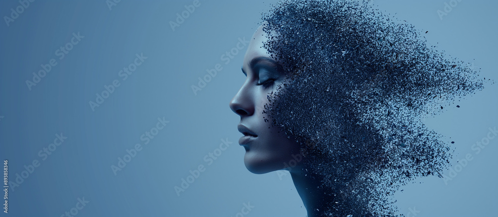 Abstract surreal image depicting the essence of depression, featuring a fragmented human figure ...