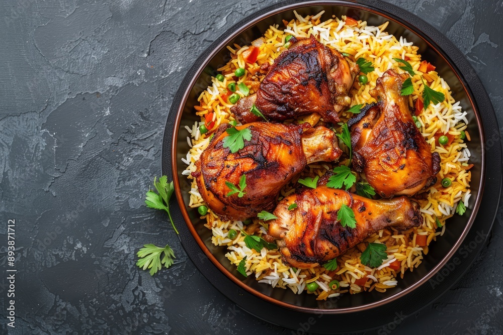 Chicken Mandy top view The national Saudi Arabian dish chicken kabsa ...