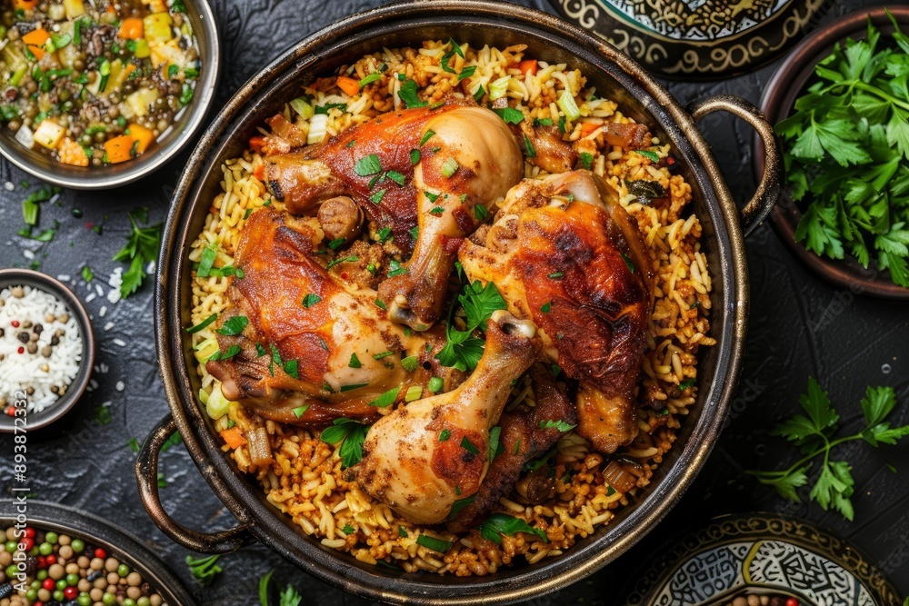 Chicken Mandy top view The national Saudi Arabian dish chicken kabsa ...