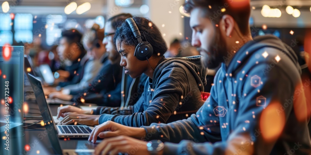 a shot of hackathon participants intensely working on their laptops ...