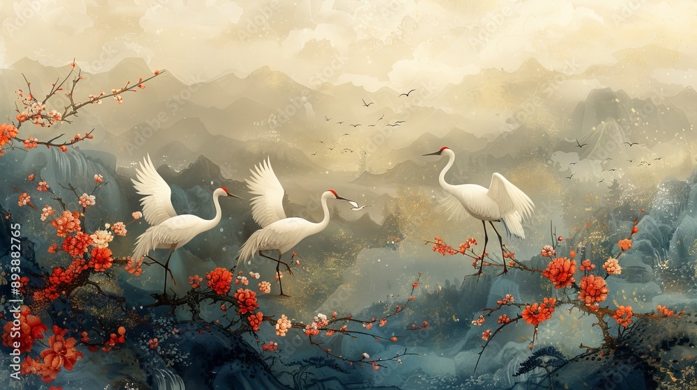 Birds in flight modern. Japanese background with watercolor texture ...