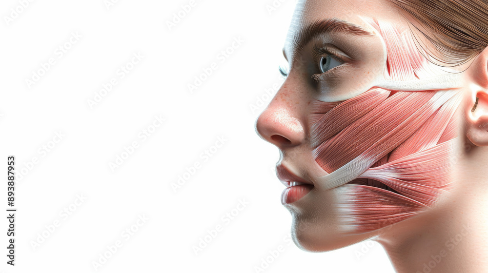 Anatomical depiction of the human face showing muscle layers and ...