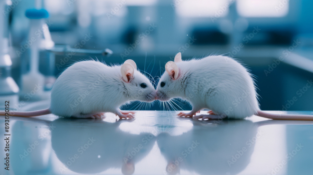 Two white lab mice, facing each other with noses touching, sit on a ...