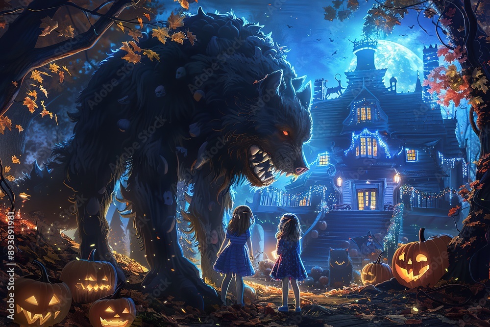 werewolf monster and 3 little girls Children observing a giant werewolf ...