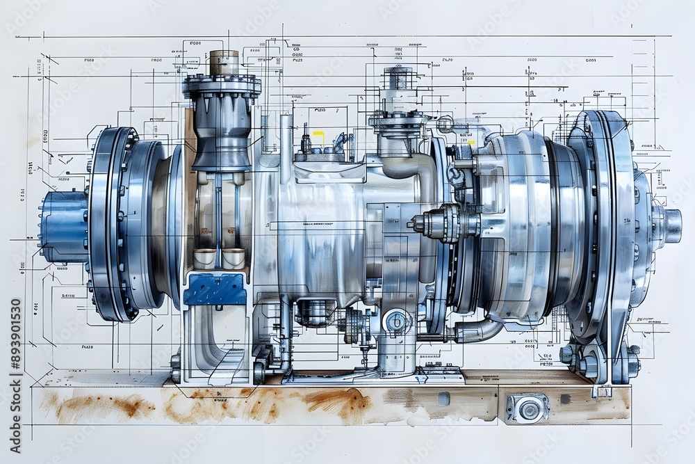 Detailed Illustration of a Jet Engine with Technical Blueprint ...