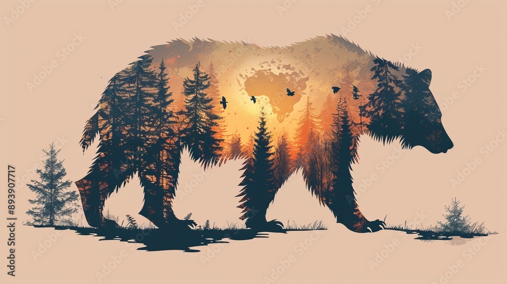 A bear silhouette filled with a sunset forest scene, including flying ...