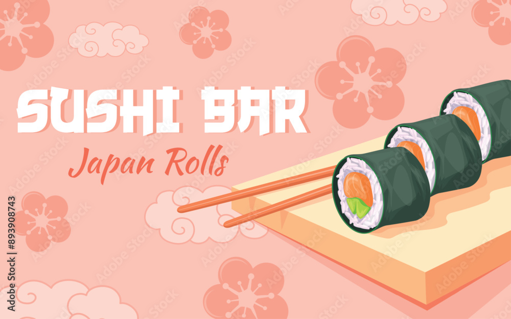 Sushi rolls banner. Japanese cookery seafood menu advertising event ...