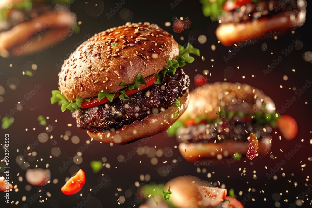 Grill burger, realistic 3d burgers falling in the air, grilled meat ...