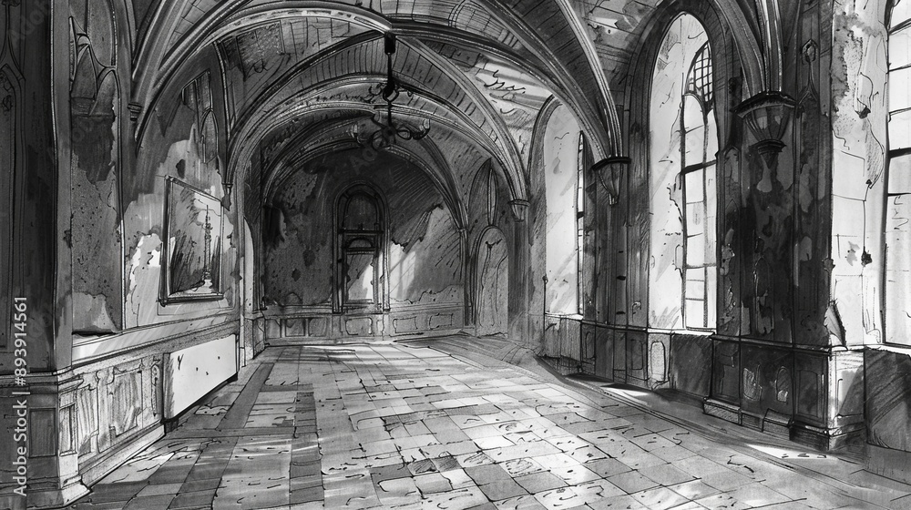 This black and white ink sketch illustrates a grand gothic-style hall ...