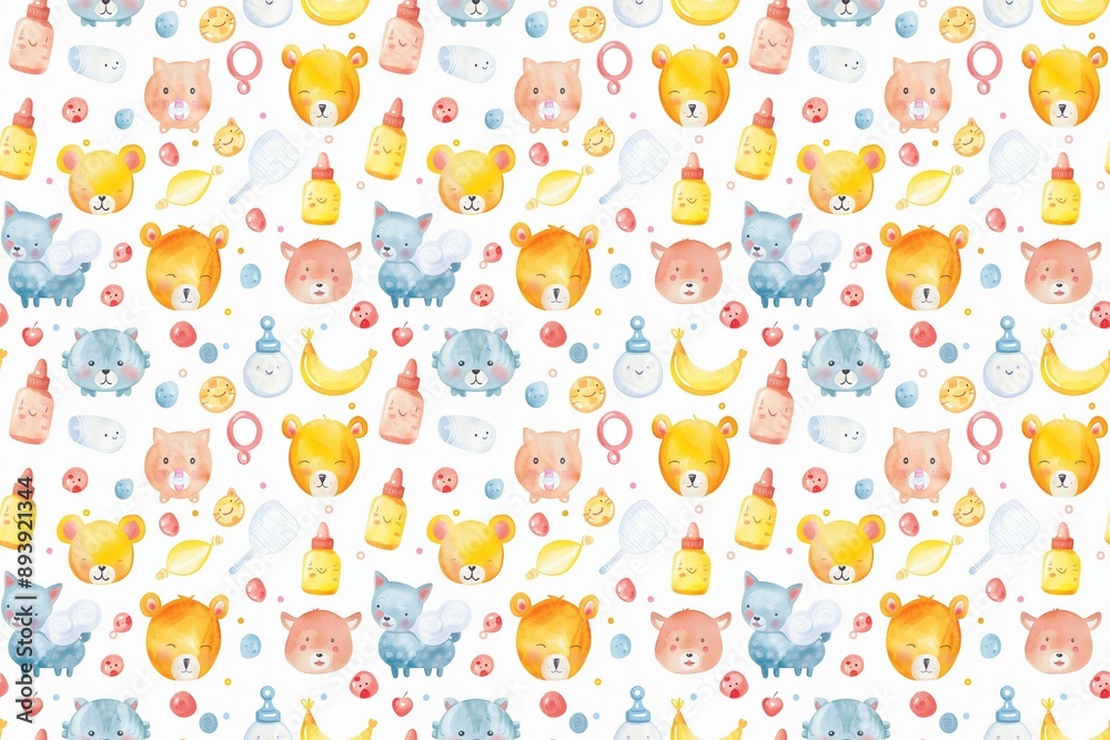 Seamless baby-themed pattern with playful animal faces, diapers, and ...