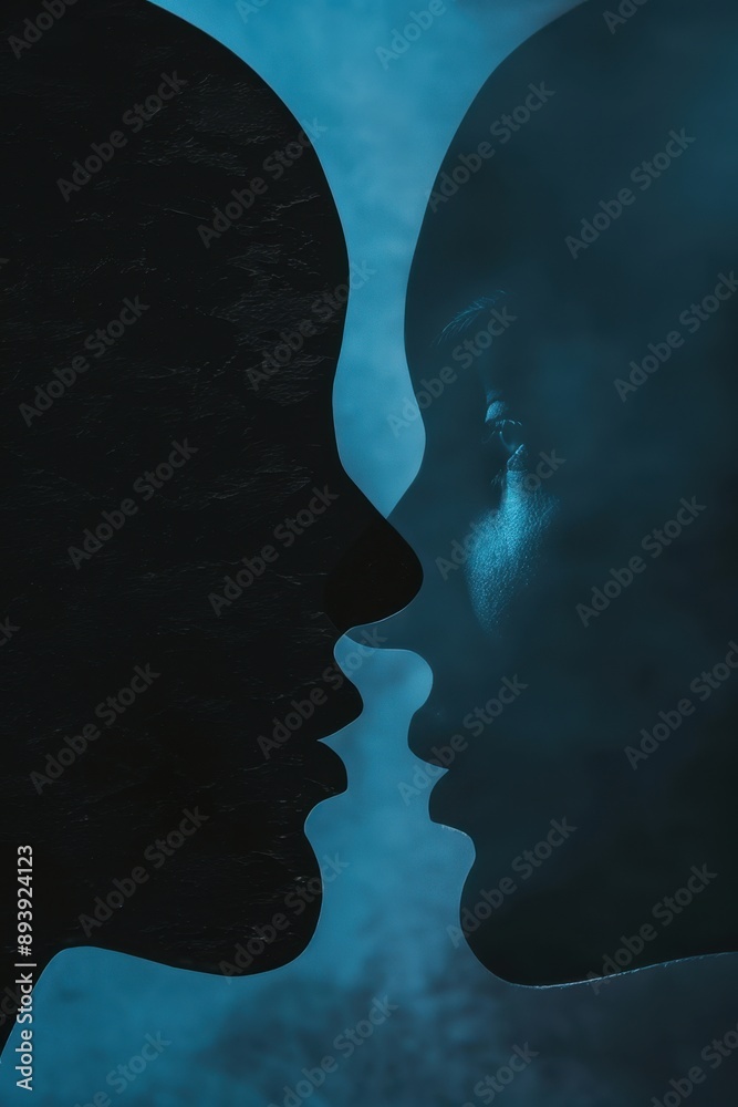 Two black silhouettes of people with no eyes, facing each other. Stock ...