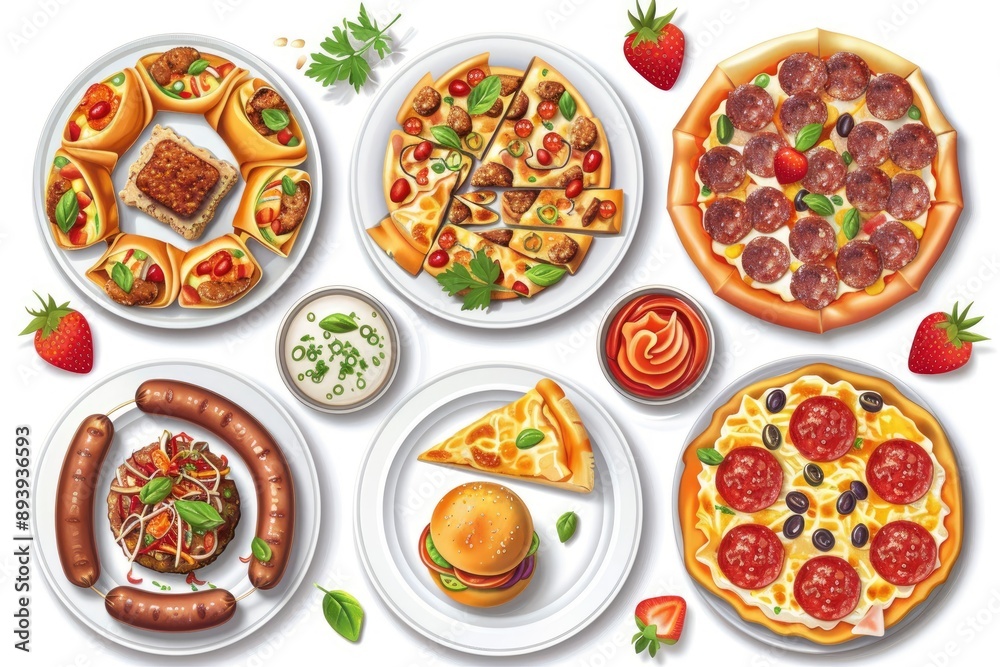 Set of many tasty and delicious foods, top view food plates collection ...