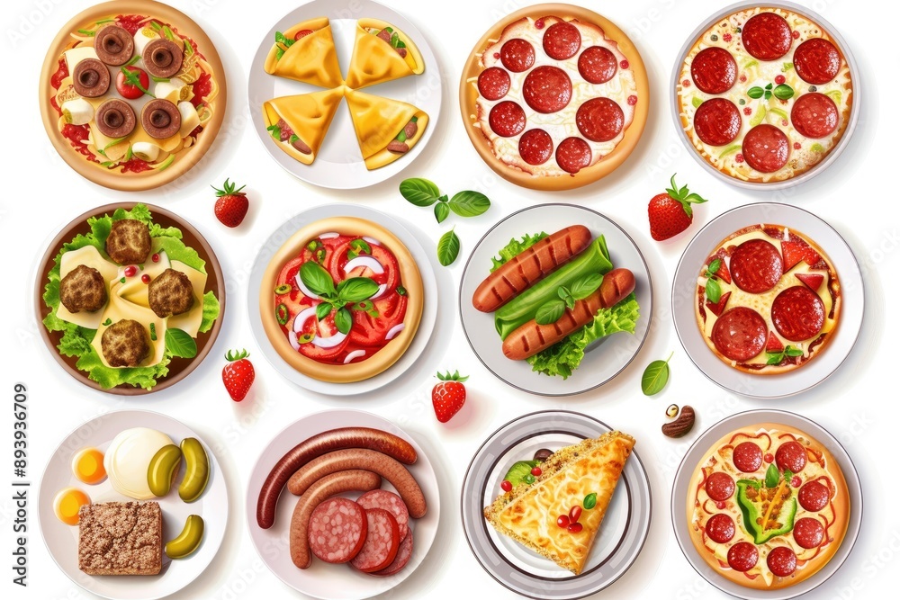 Set of many tasty and delicious foods, top view food plates collection ...