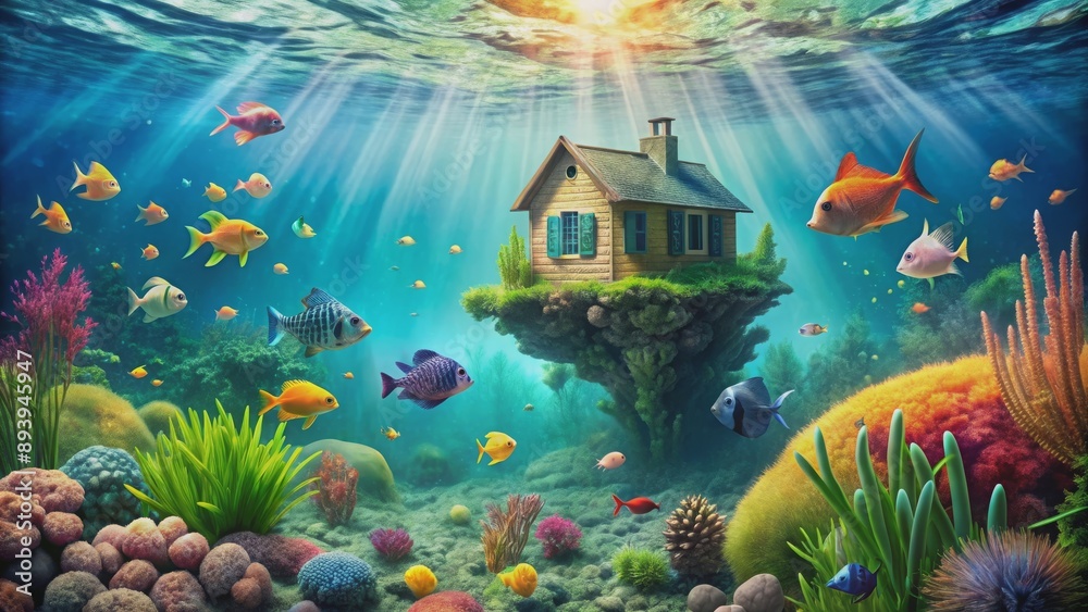 House submerged underwater with colorful fish swimming among algae ...