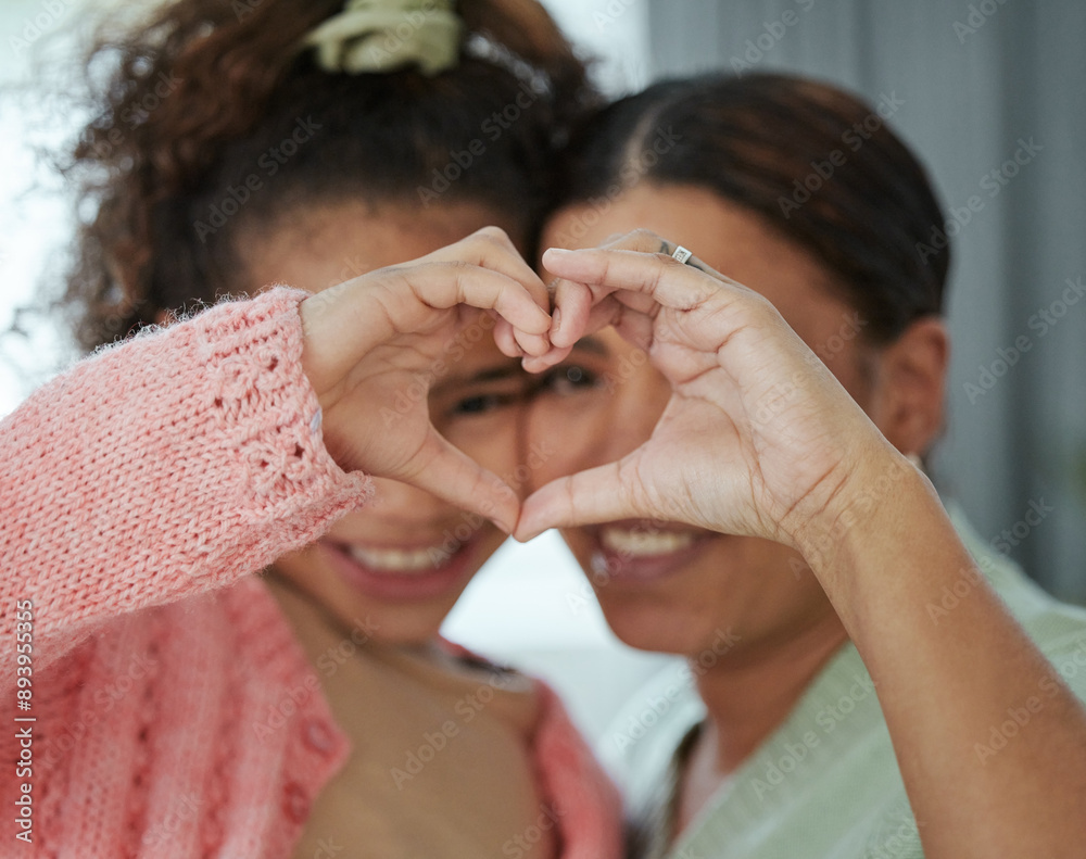 Mom, girl and heart hands in home hug, sign and symbol of support in ...
