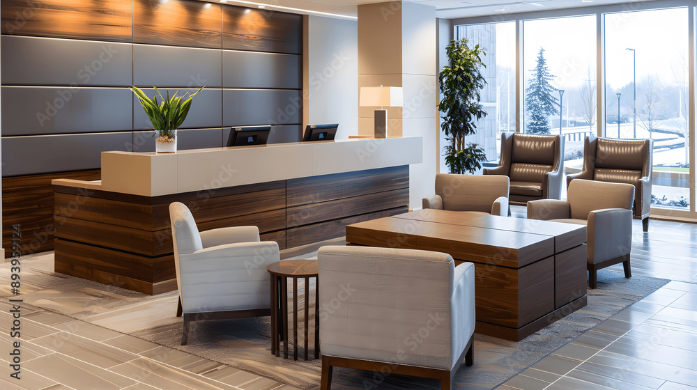 Law firm reception area with comfortable seating and polished desk ...