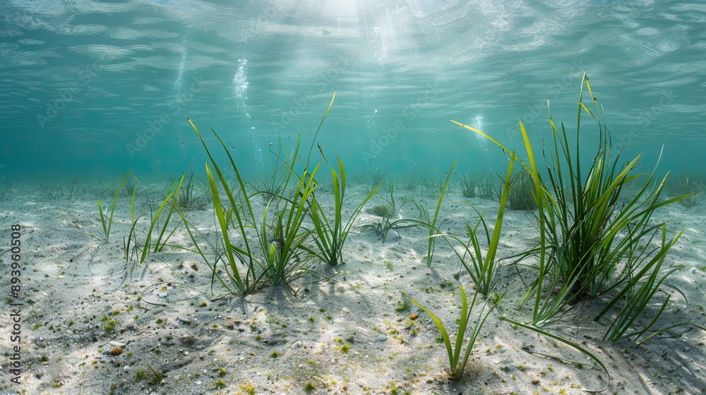 Foto de Underwater View of Seabed with Green Seagrass, Marine Life ...