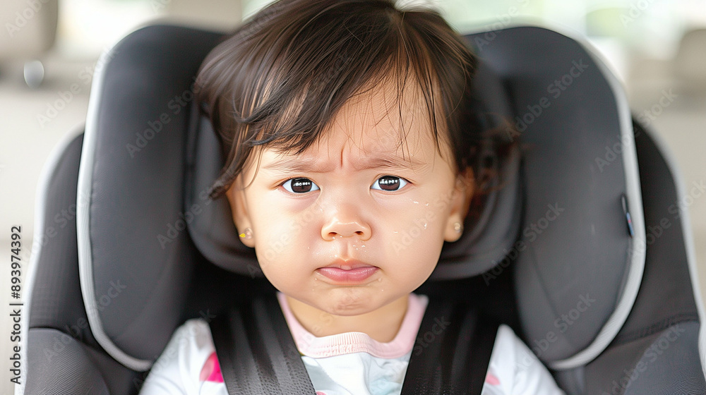 Baby's expression of curiosity and confusion while seated in a car seat ...
