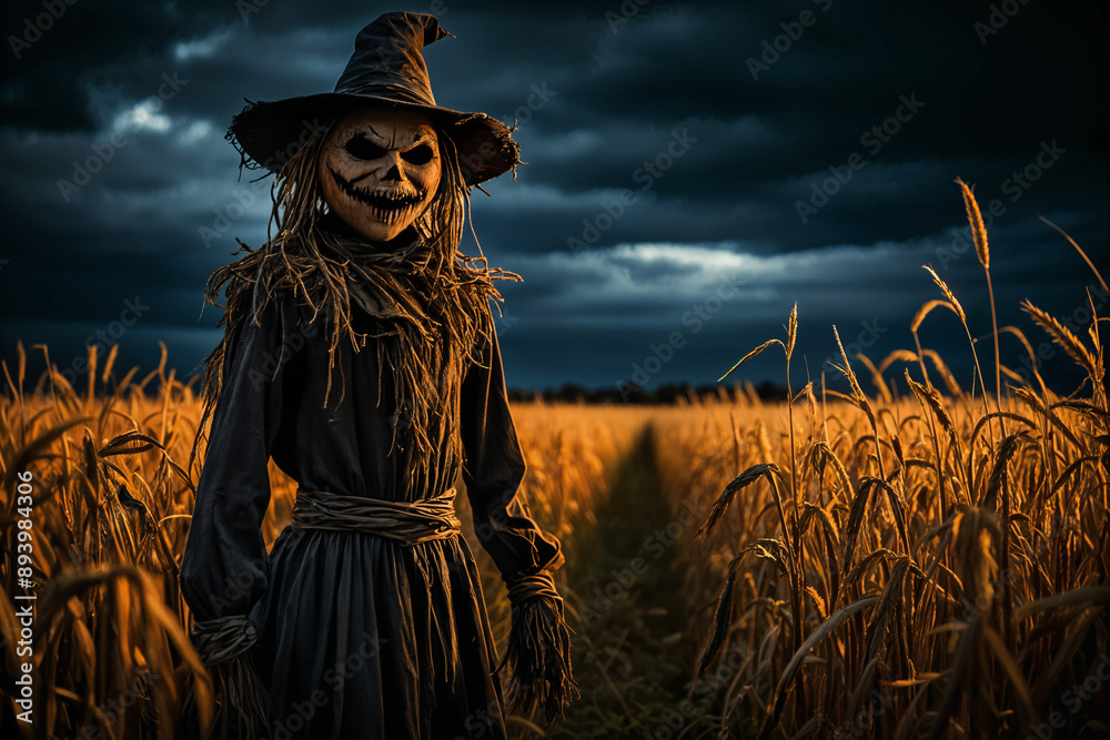 Scarecrow dressed as the grim reaper, standing in a field of tall corn ...