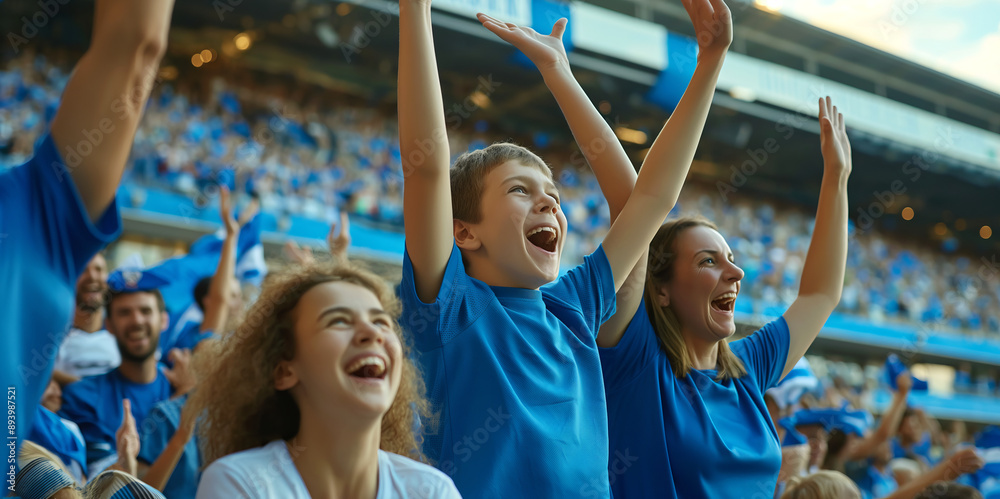 Excited sports fans wearing blue and white clothes celebrating the ...