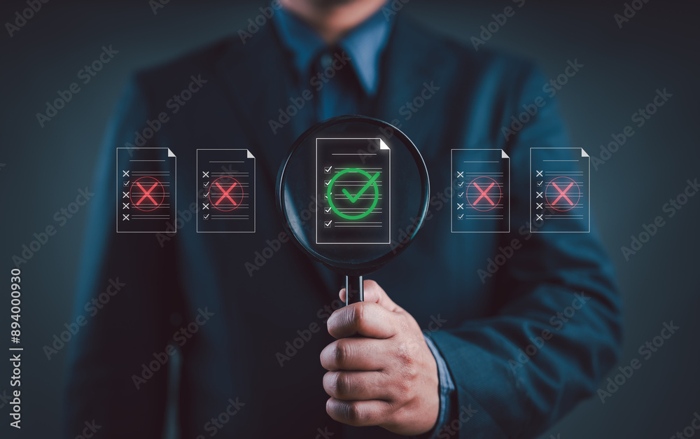 Document quality control concept. Businessman touching document approve ...