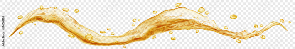 Long translucent curved water wave in yellow color, with small drops ...