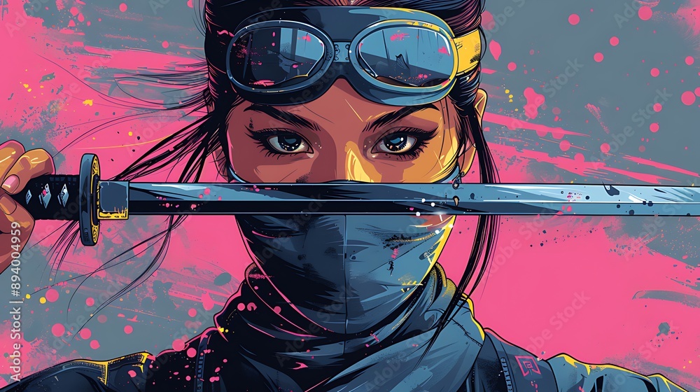 cartoon illustration of a female ninja hold katana blade with pink ...