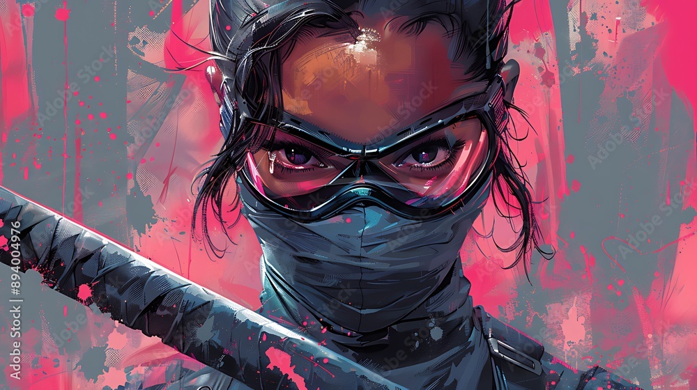 cartoon illustration of a female ninja hold katana blade with pink ...