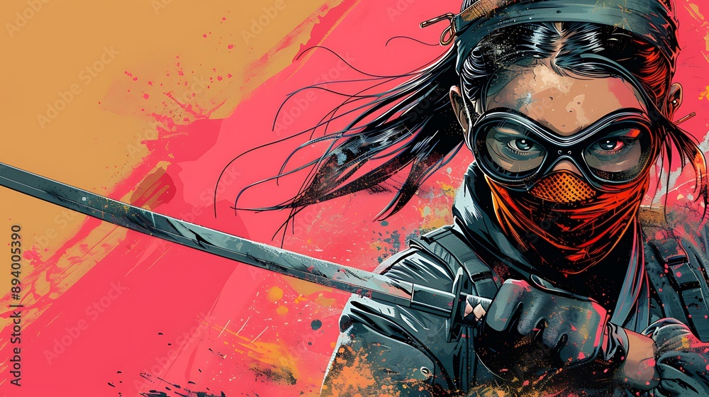 cartoon illustration of a female ninja hold katana blade with pink ...