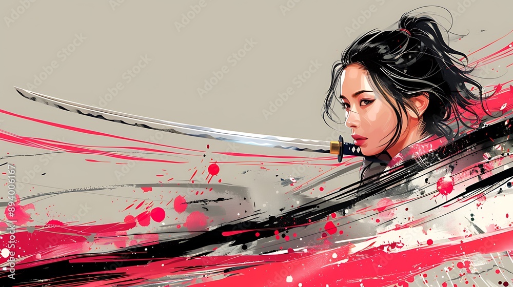 cartoon illustration of a female ninja hold katana blade with pink ...