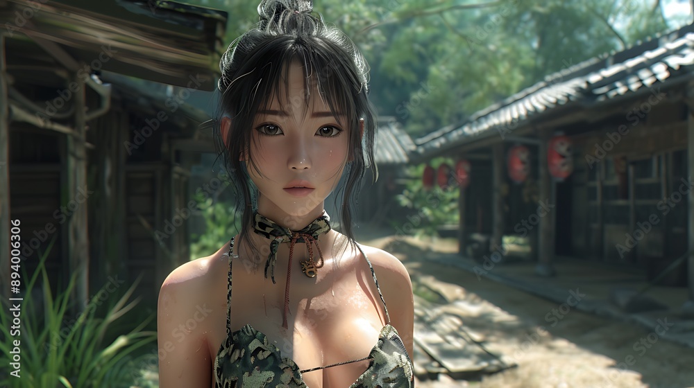 cartoon illustration female samorai holding katana with pink smoke background Stock Illustration ...