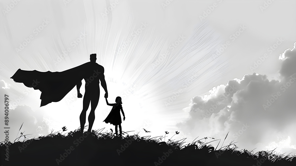 Heroic black and white silhouette of a father and child, signifying ...