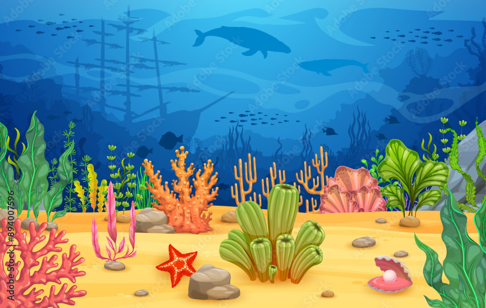 Algae seaweeds, whale and sunken ship silhouettes, underwater game ...