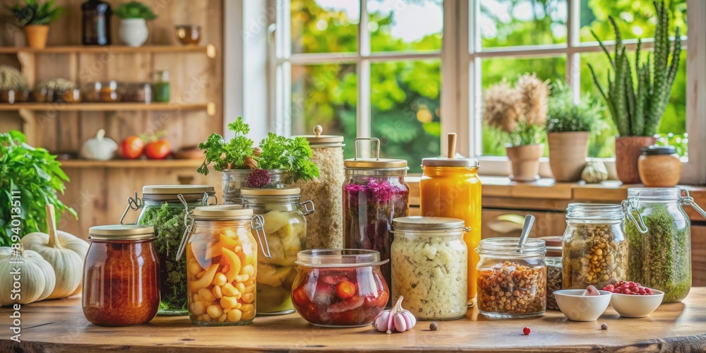 Natural light illuminates a rustic kitchen counter lined with jars of ...