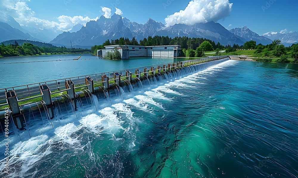 Hydroelectric dam with rushing water and electric turbines turning with ...